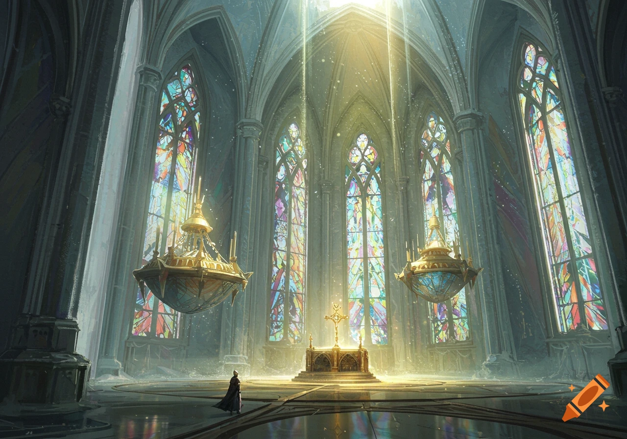 A grand cathedral interior with colorful stained glass windows, a ...