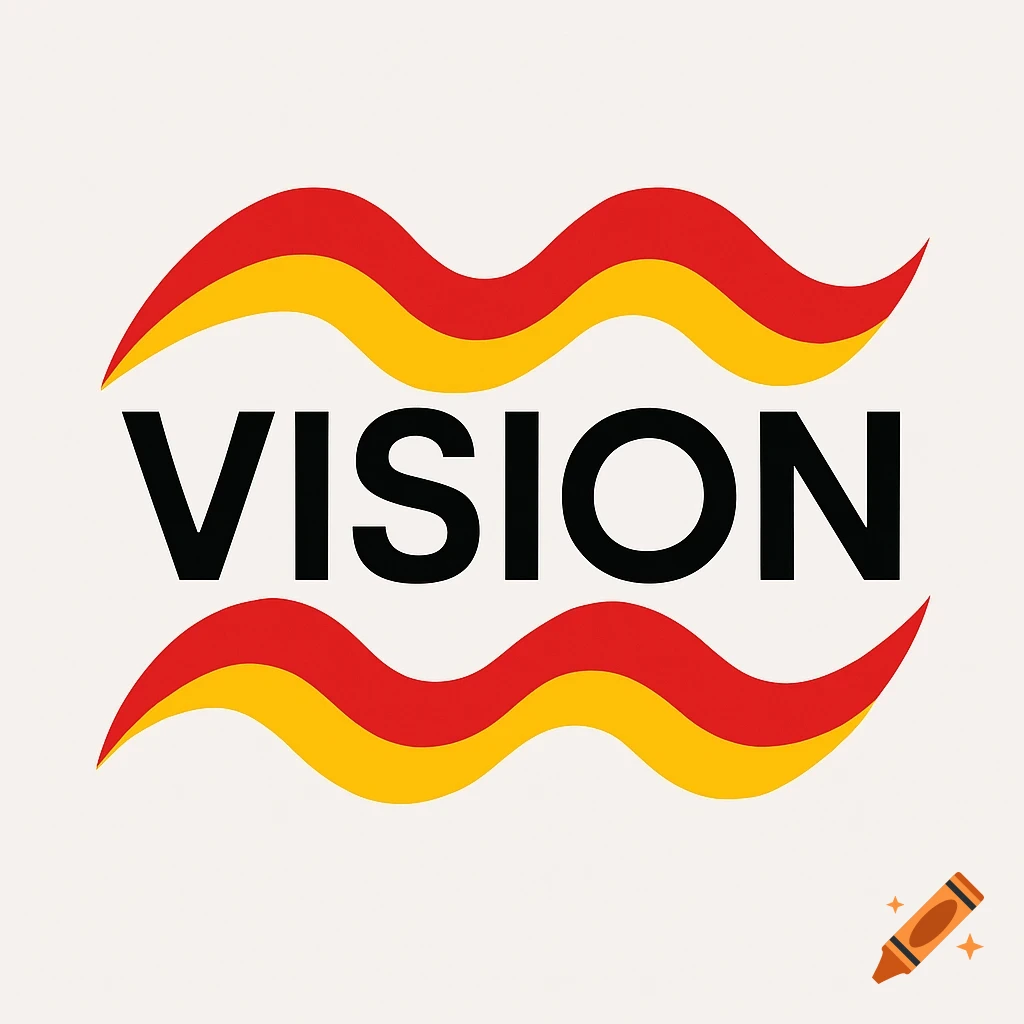 A logo with the word 'VISION' in black, between two red and yellow wavy ...