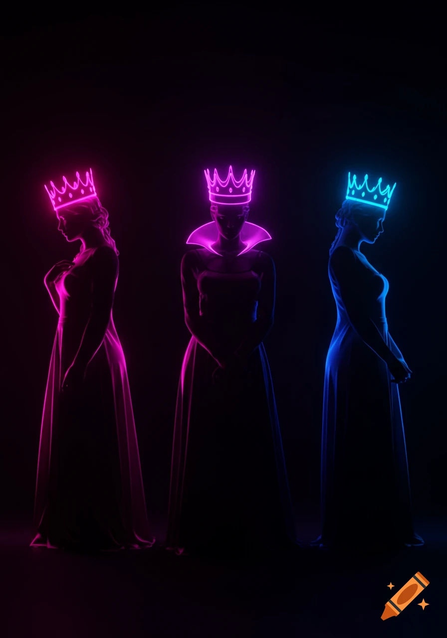Three neon-outlined queen silhouettes in pink, purple, and blue on a ...