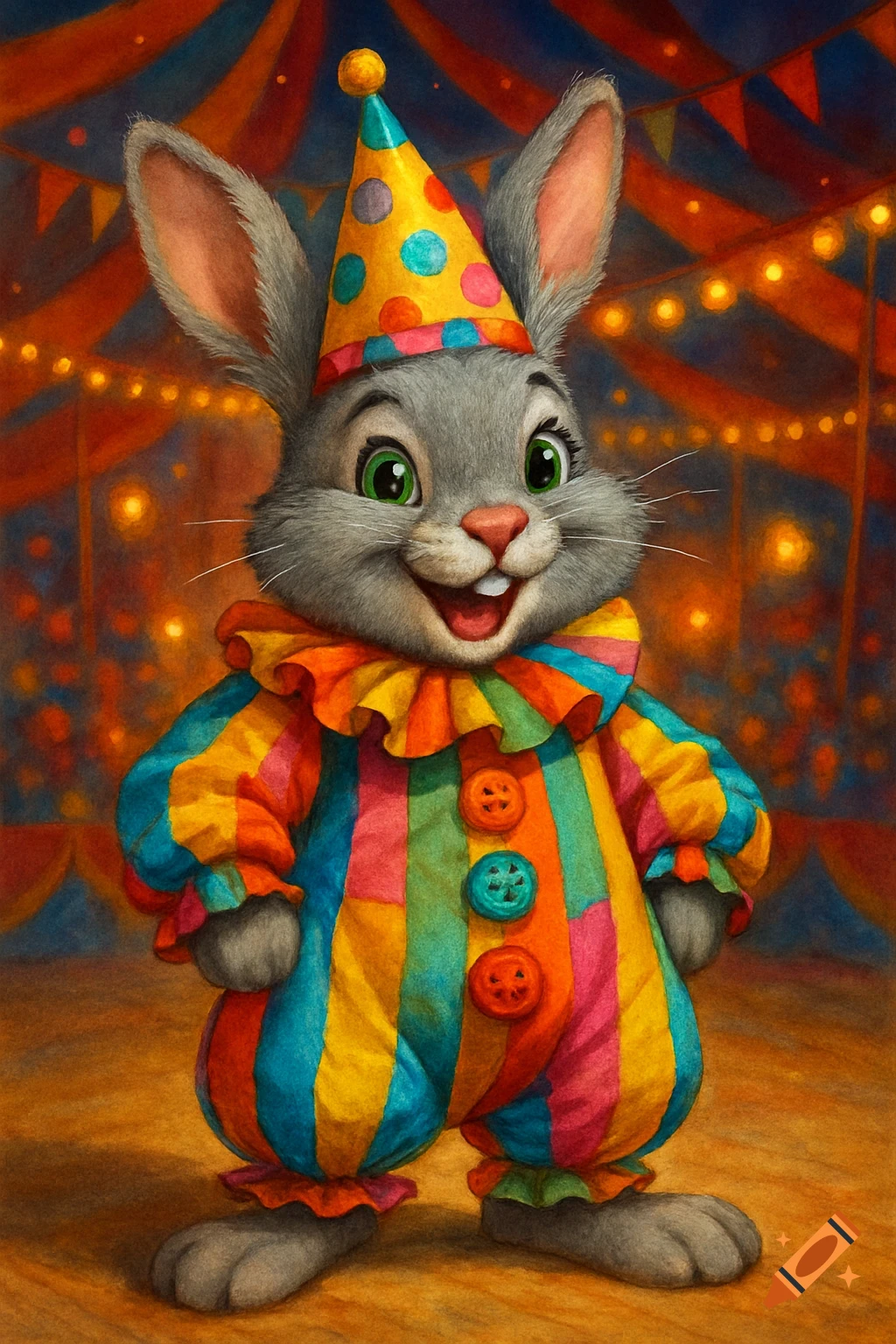 A smiling grey rabbit with green eyes wearing a colorful striped circus ...