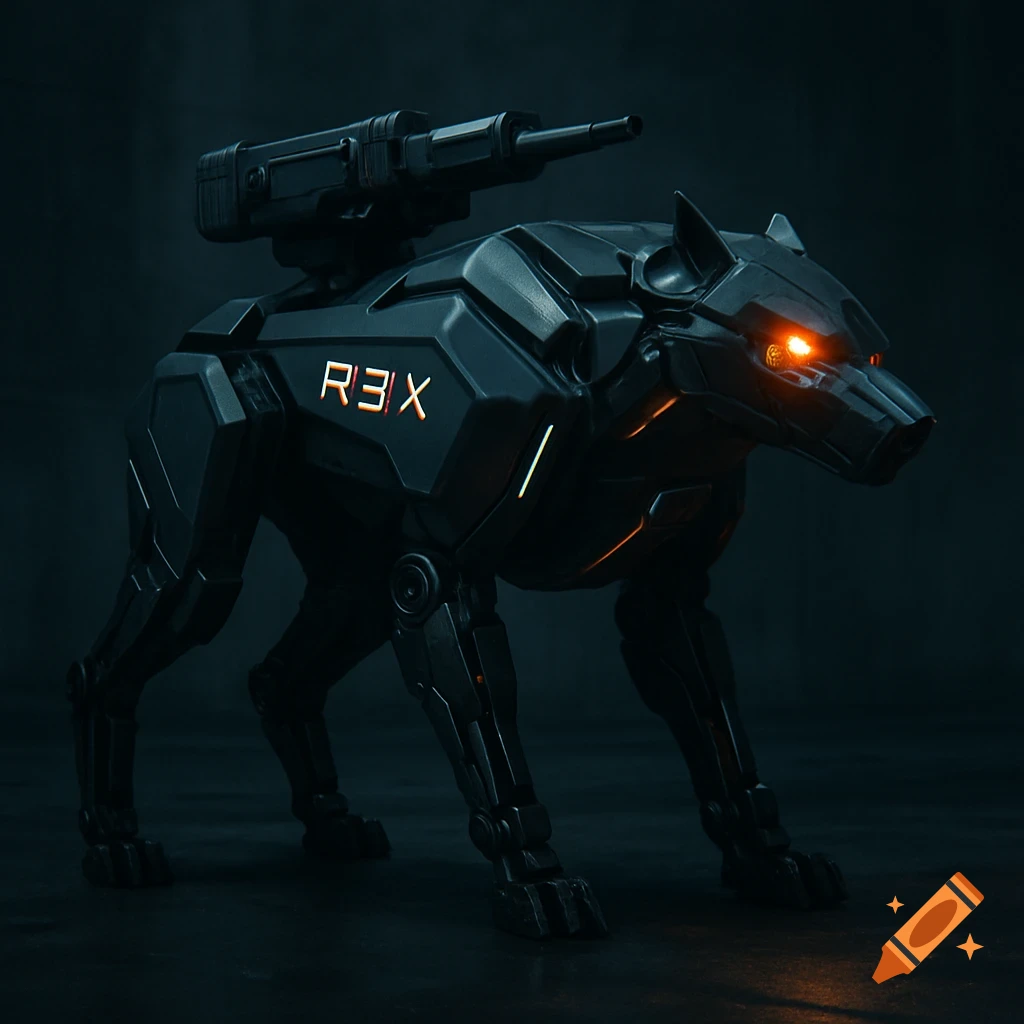 An angular, armored robotic wolf with glowing orange eyes and an ...