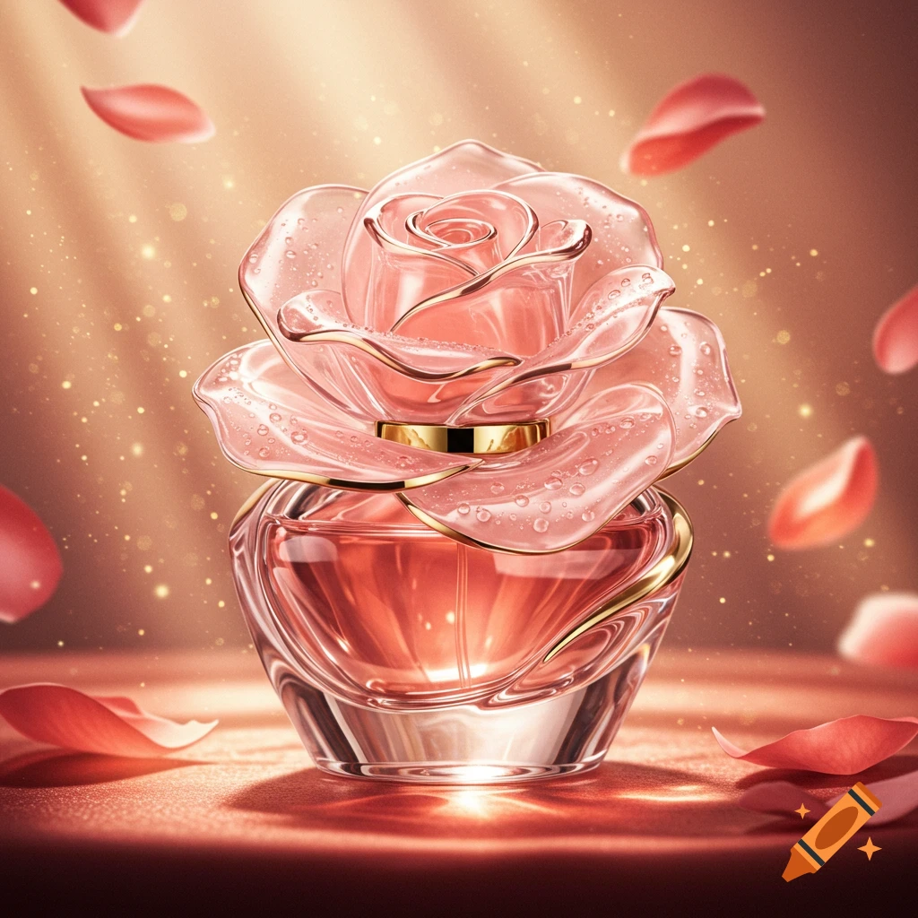 A crystal perfume bottle with a gold cap on a marble vanity, surrounded ...