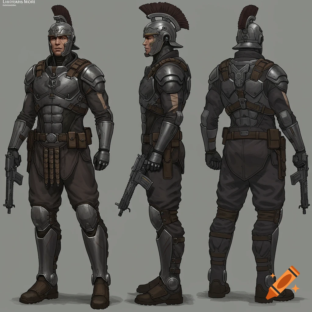 Character reference sheet of a male soldier in dark gray futuristic ...