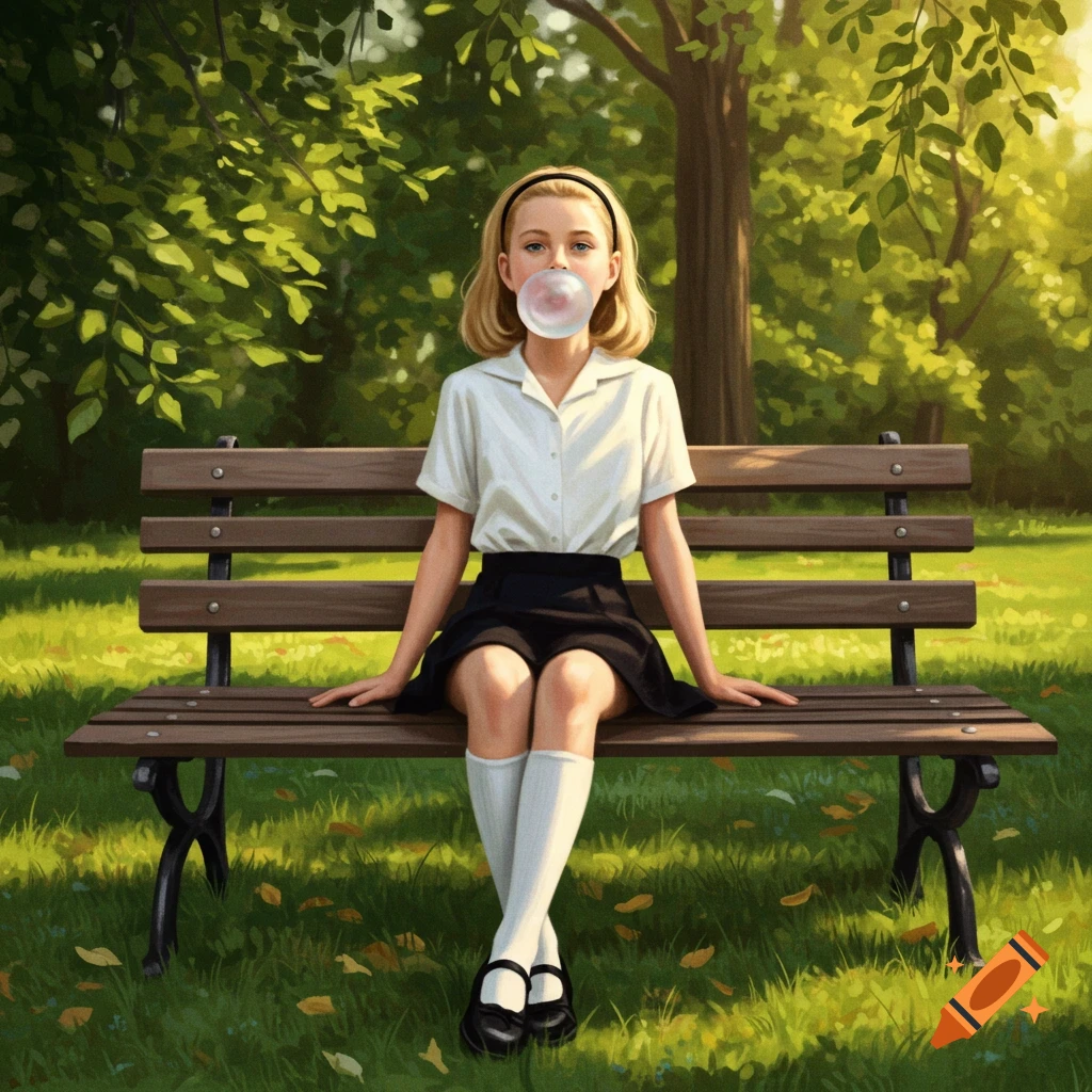 Young blonde girl in white shirt and black skirt sits on a park bench, blowing a bubble gum ...