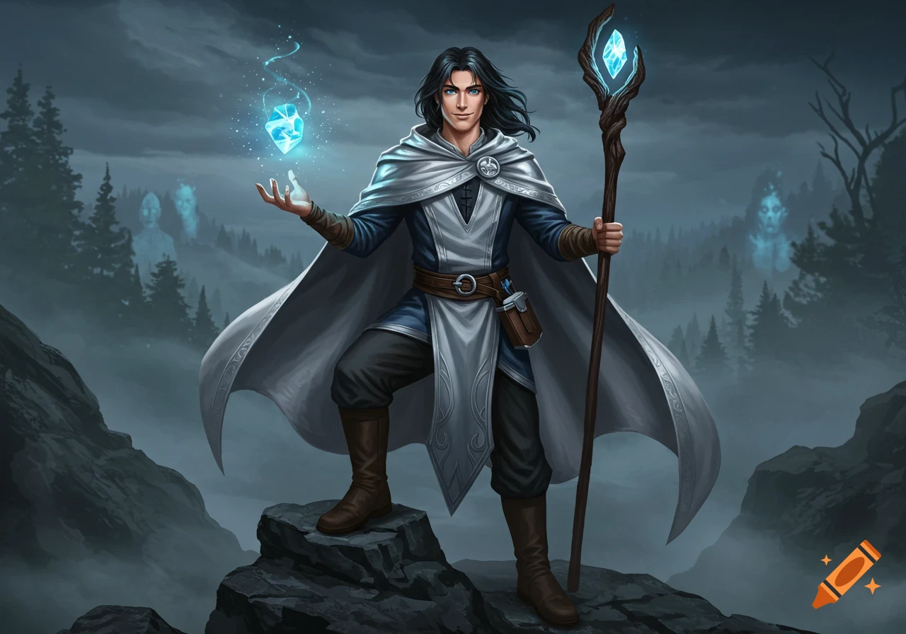 A young mage in a silver cape stands on a rock, holding a glowing staff ...