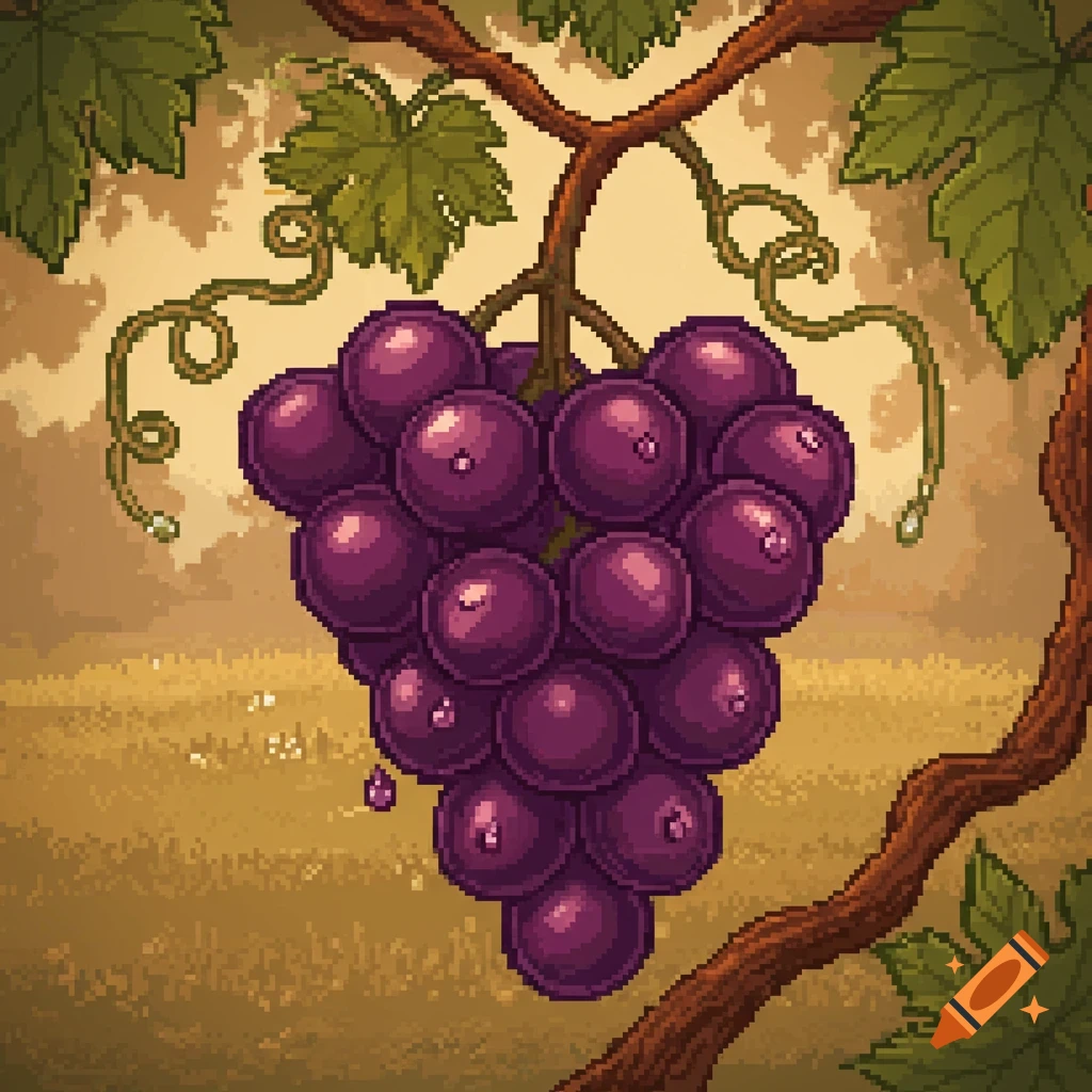 A bunch of purple grapes with dew drops hangs from a vine, rendered in ...