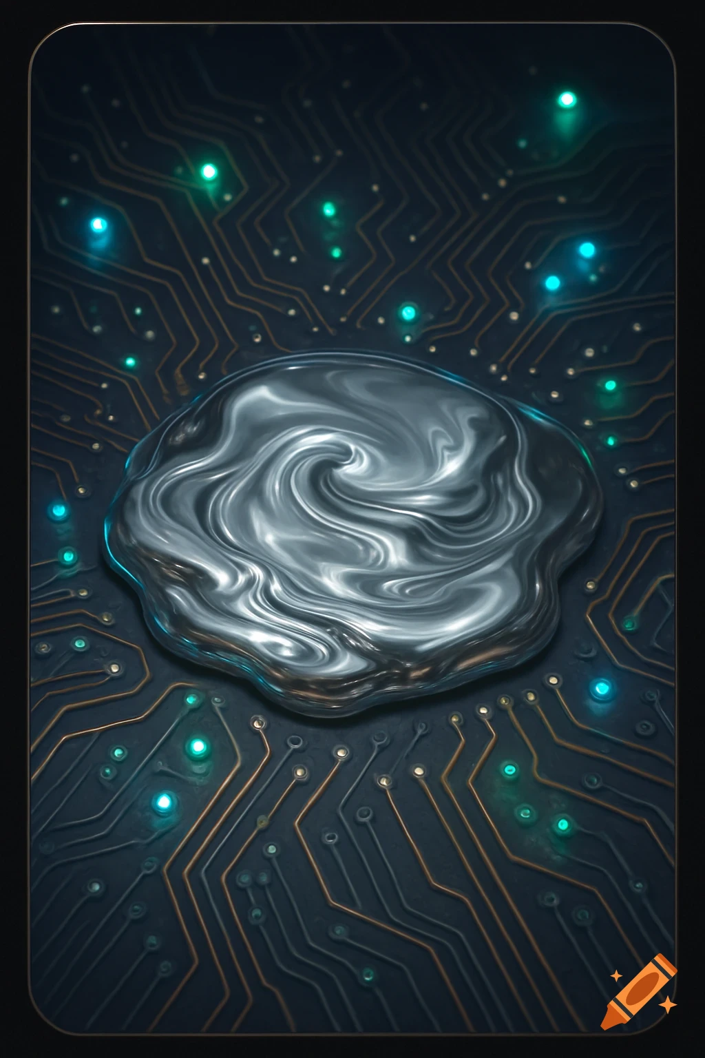 A silvery, swirling liquid metal blob rests on a dark circuit board ...