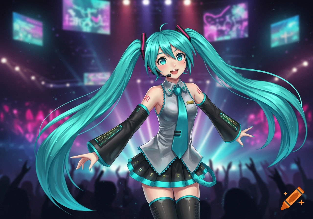 Hatsune Miku, an anime character with long teal pigtails, smiles on a ...