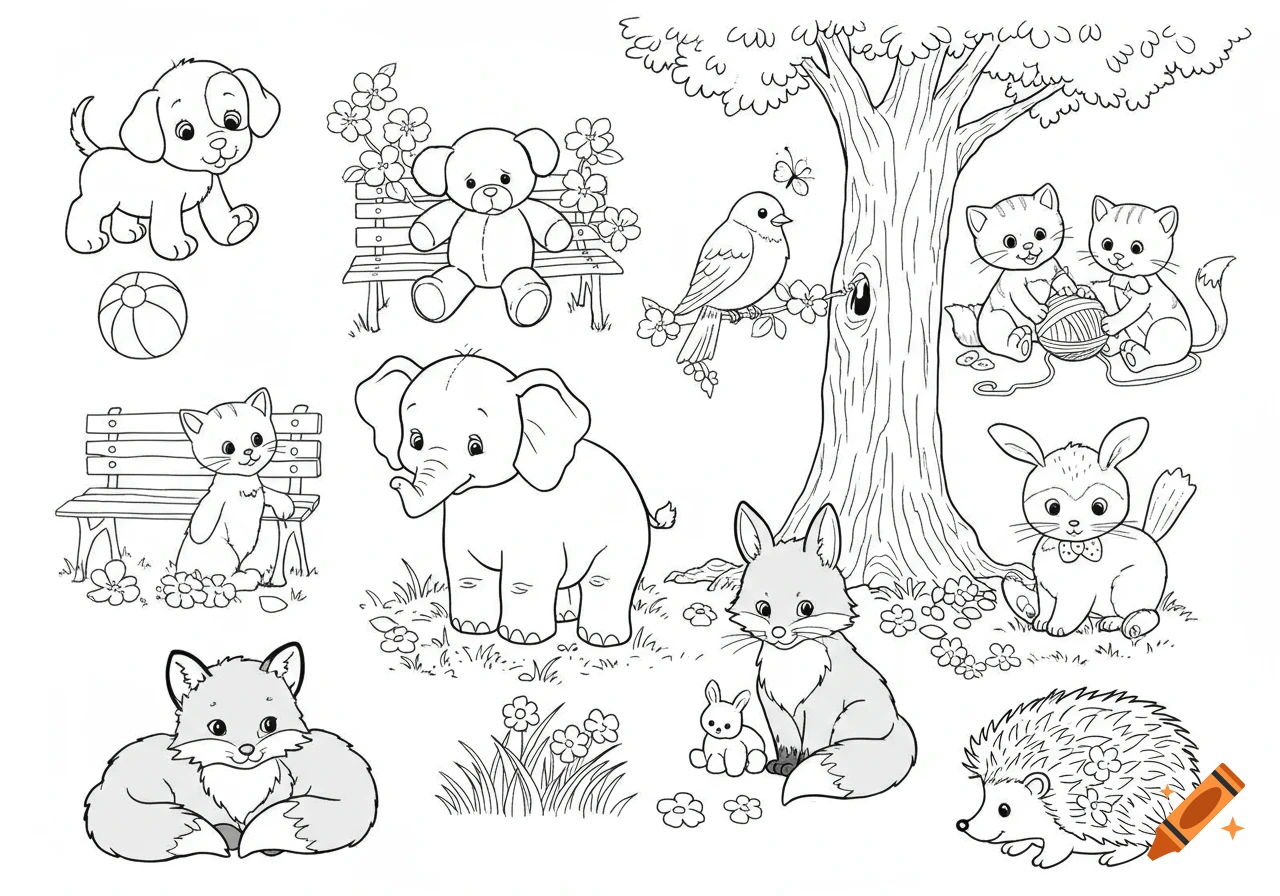 Six cute cartoon outline animals: a bunny, cat, bear, panda, elephant ...