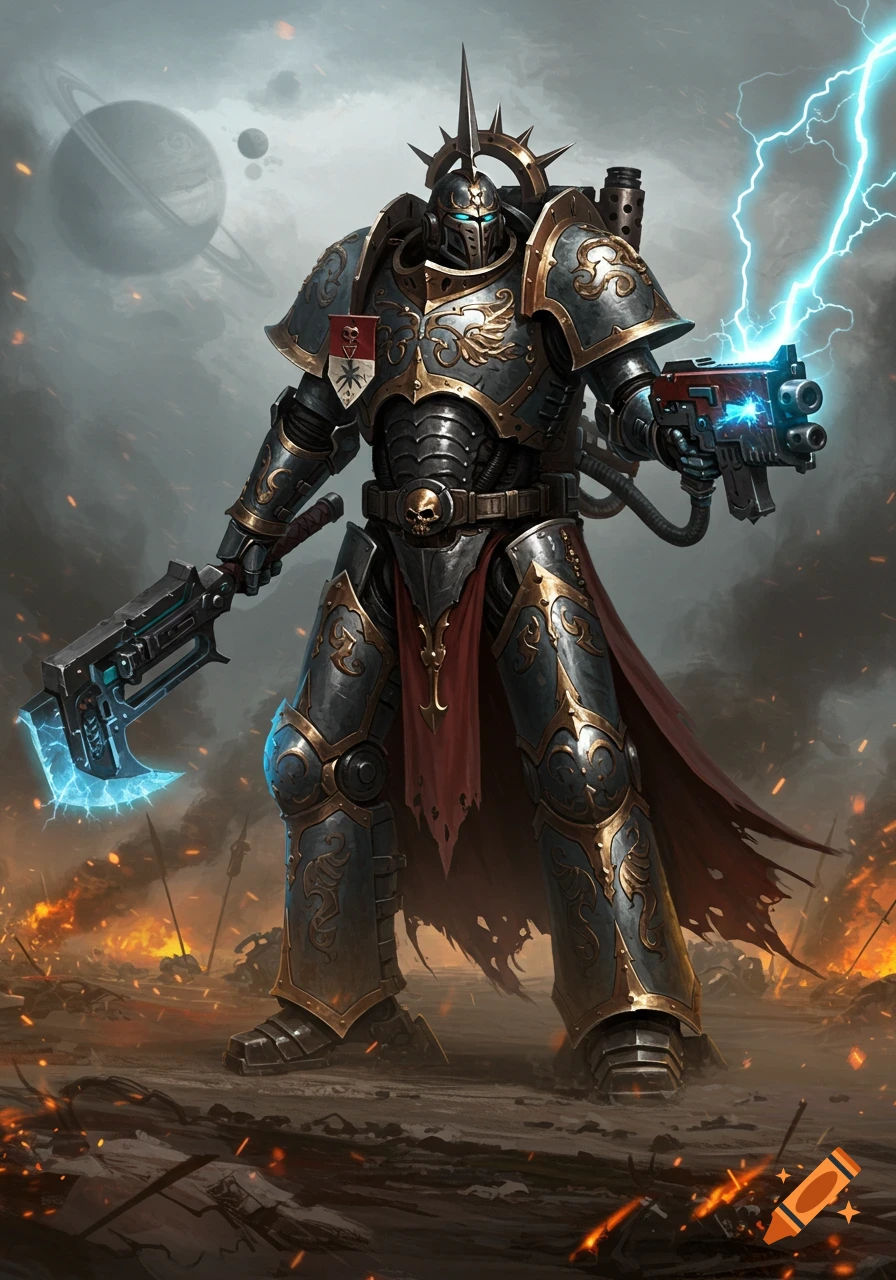A Warhammer 40k Space Marine in power armor raises a tattered red ...
