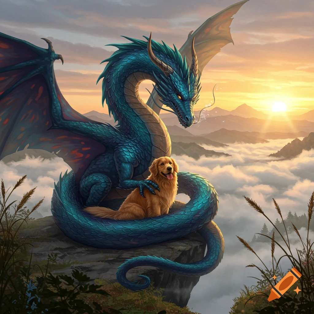 A large blue dragon gently embraces a golden retriever on a cliff ...