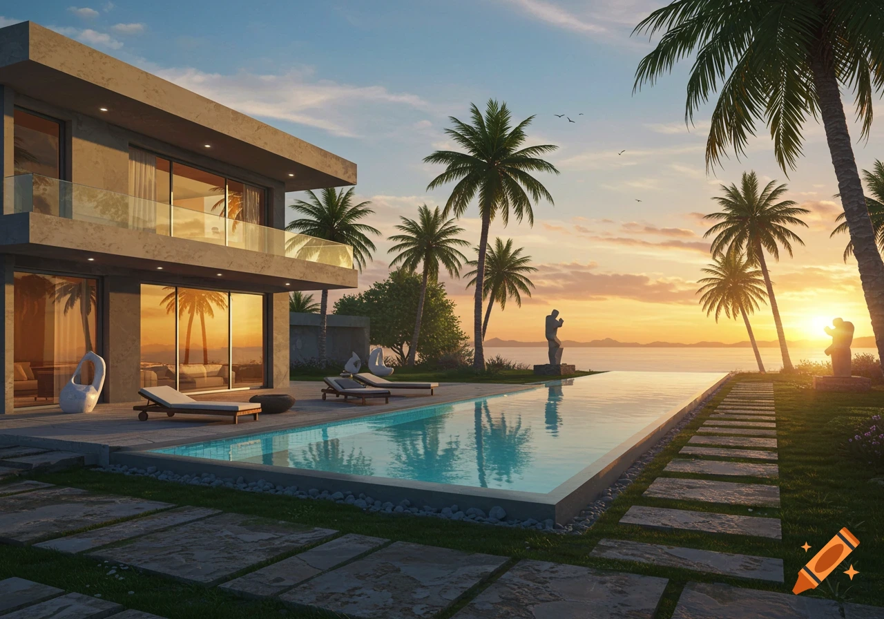 Modern, single-story house with glass walls and a patio, reflected in ...