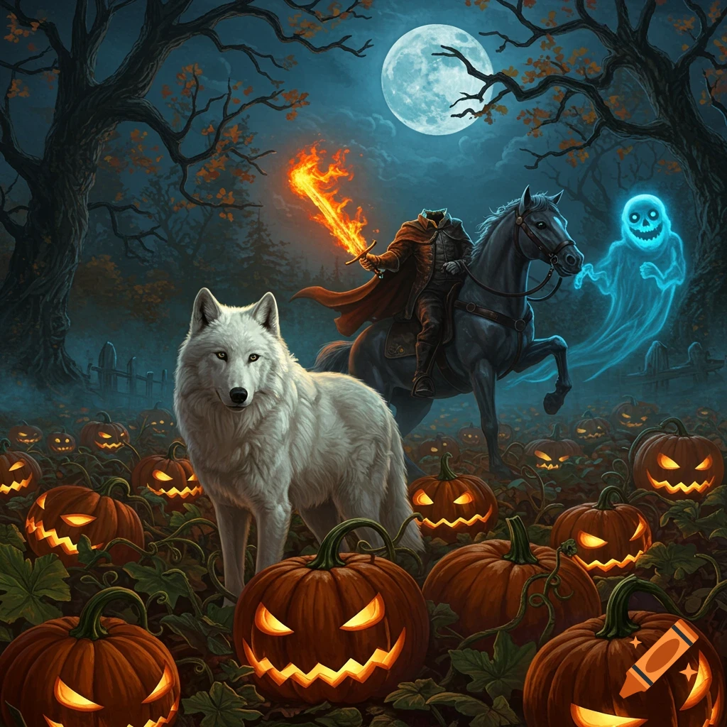 A white wolf in a pumpkin patch with a headless horseman on horseback ...