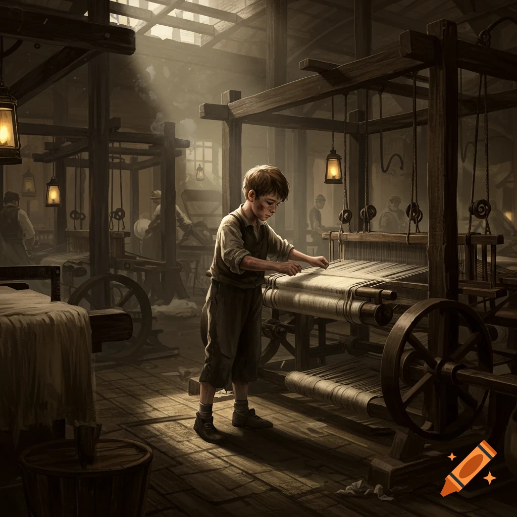 A young boy works diligently at a large loom in a dimly lit, dusty ...