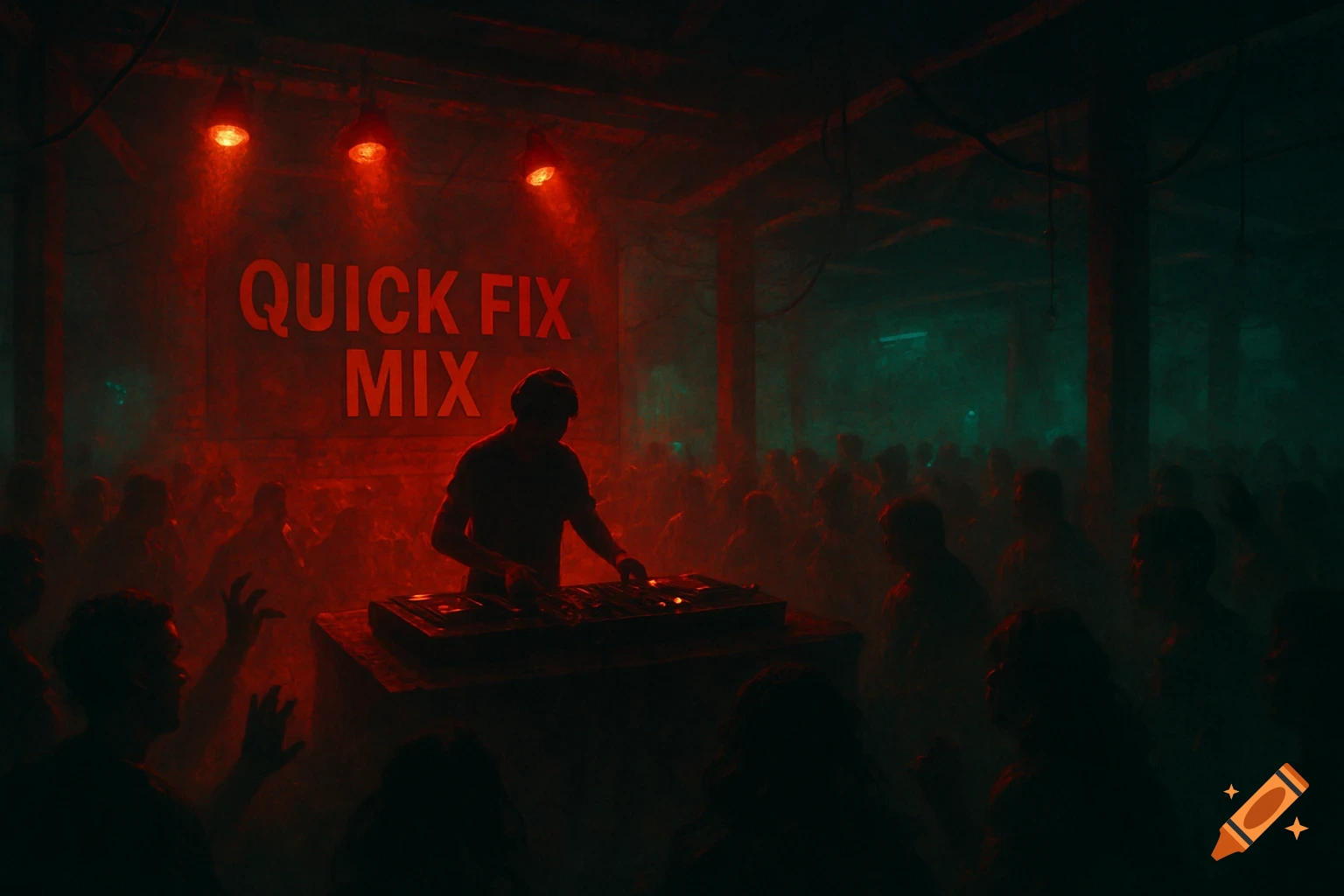 A DJ performs on stage in a dark, smoky warehouse club lit by red and ...