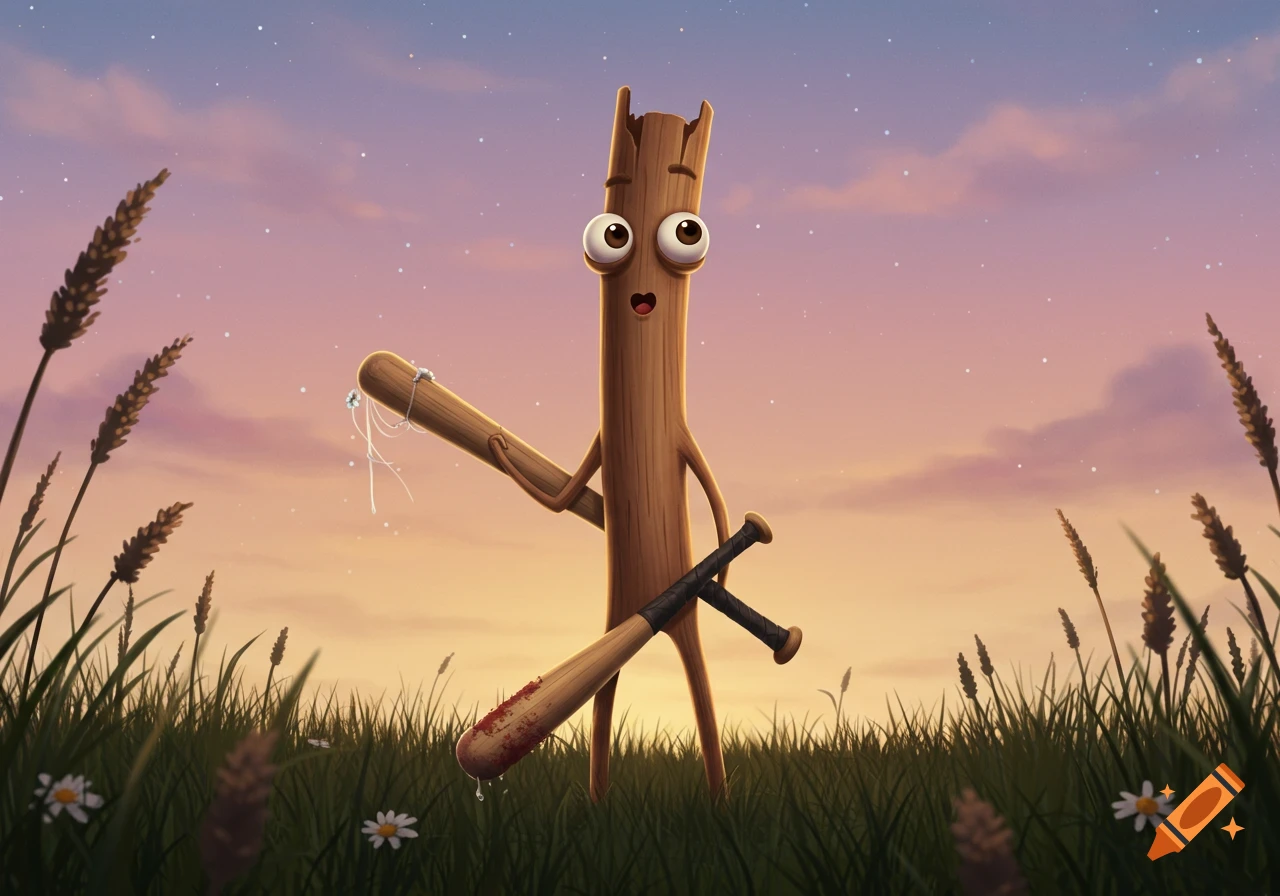 A cartoon stick figure with big eyes stands in a grassy field at sunset ...