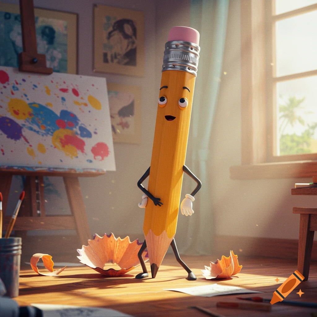 A cute anthropomorphic yellow pencil with colorful polka dots and wide ...