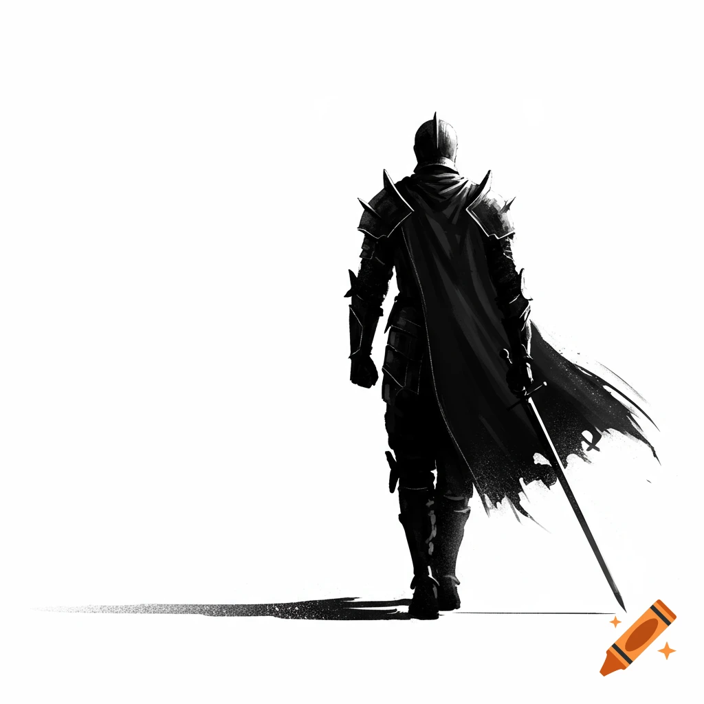 A black silhouette of a knight in armor and a cape, holding a sword ...