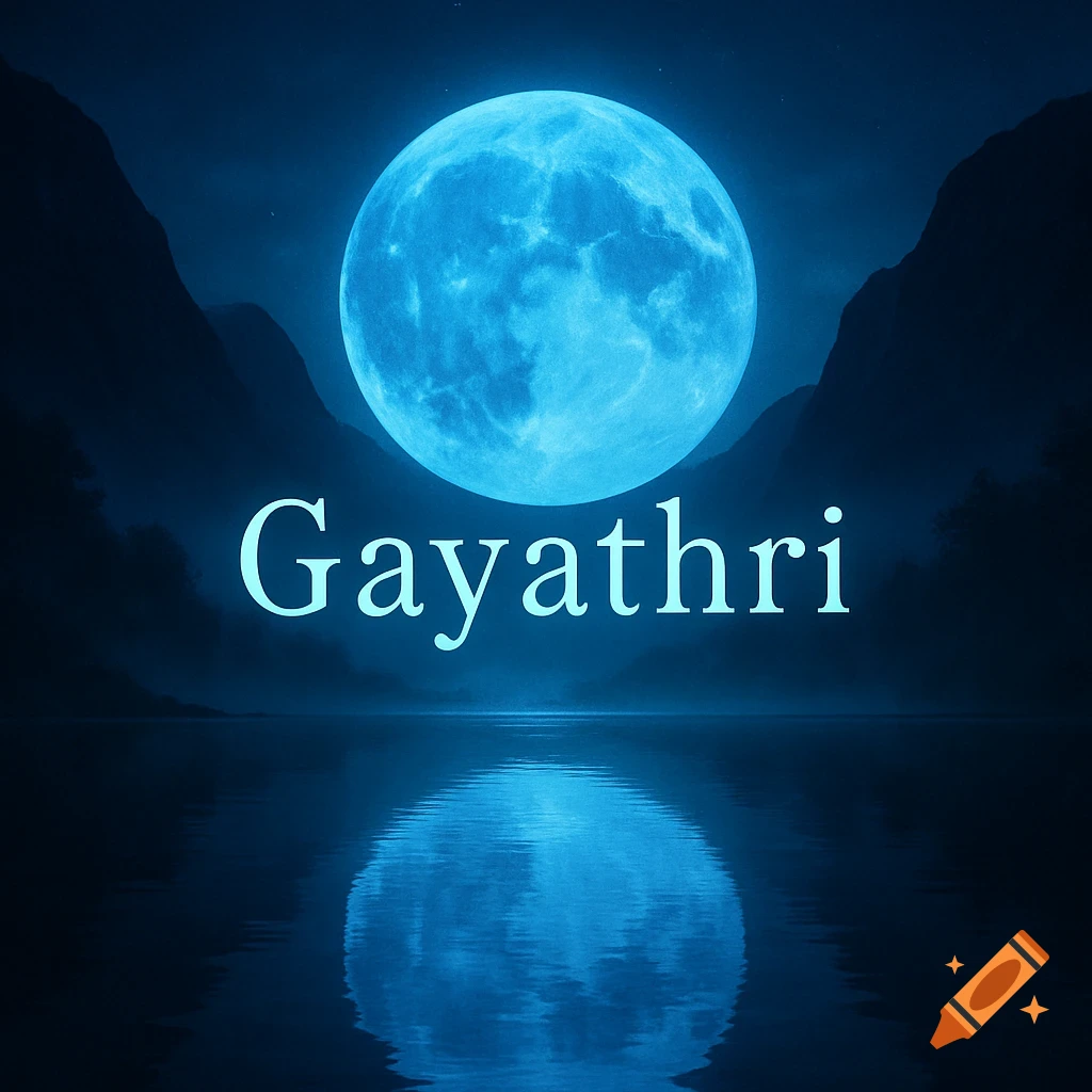 A glowing blue full moon over dark mountains, reflected in still water ...