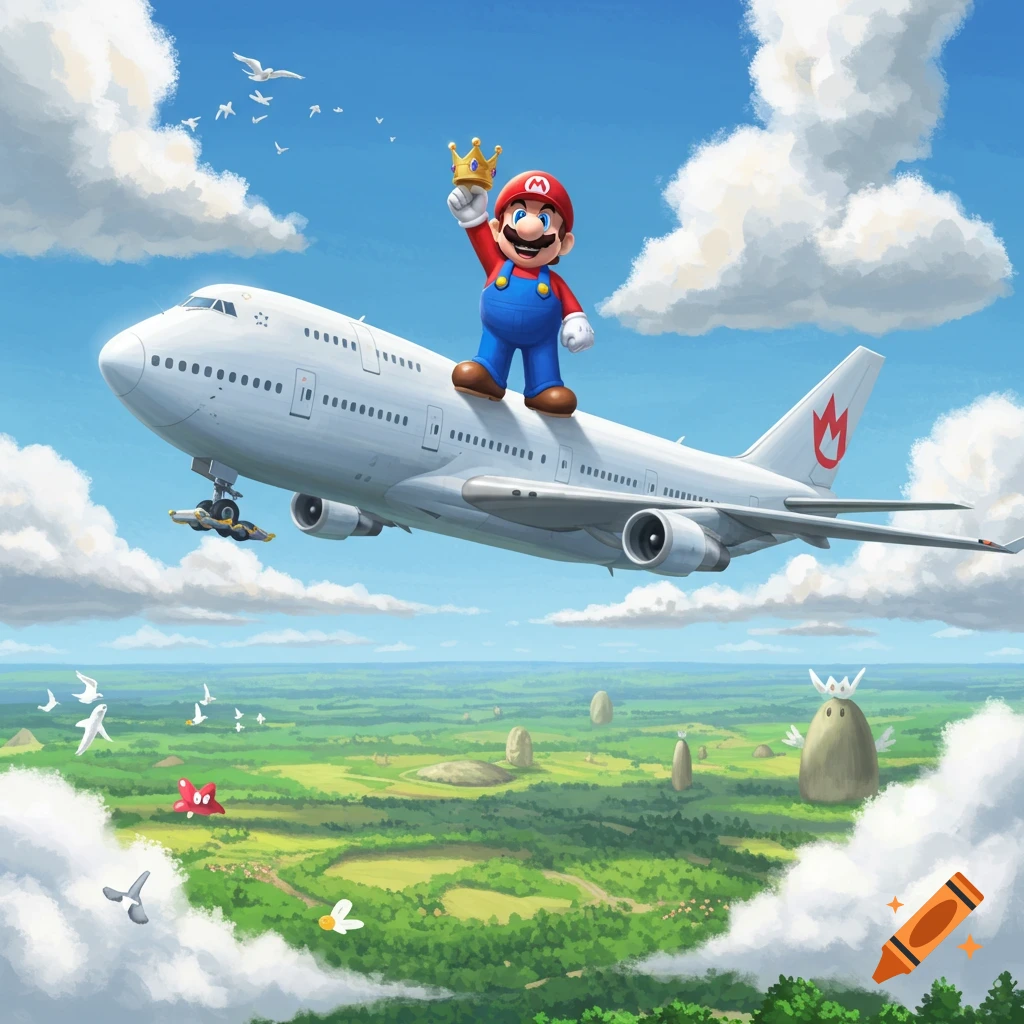 Mario stands on a white passenger jet flying over a green landscape ...