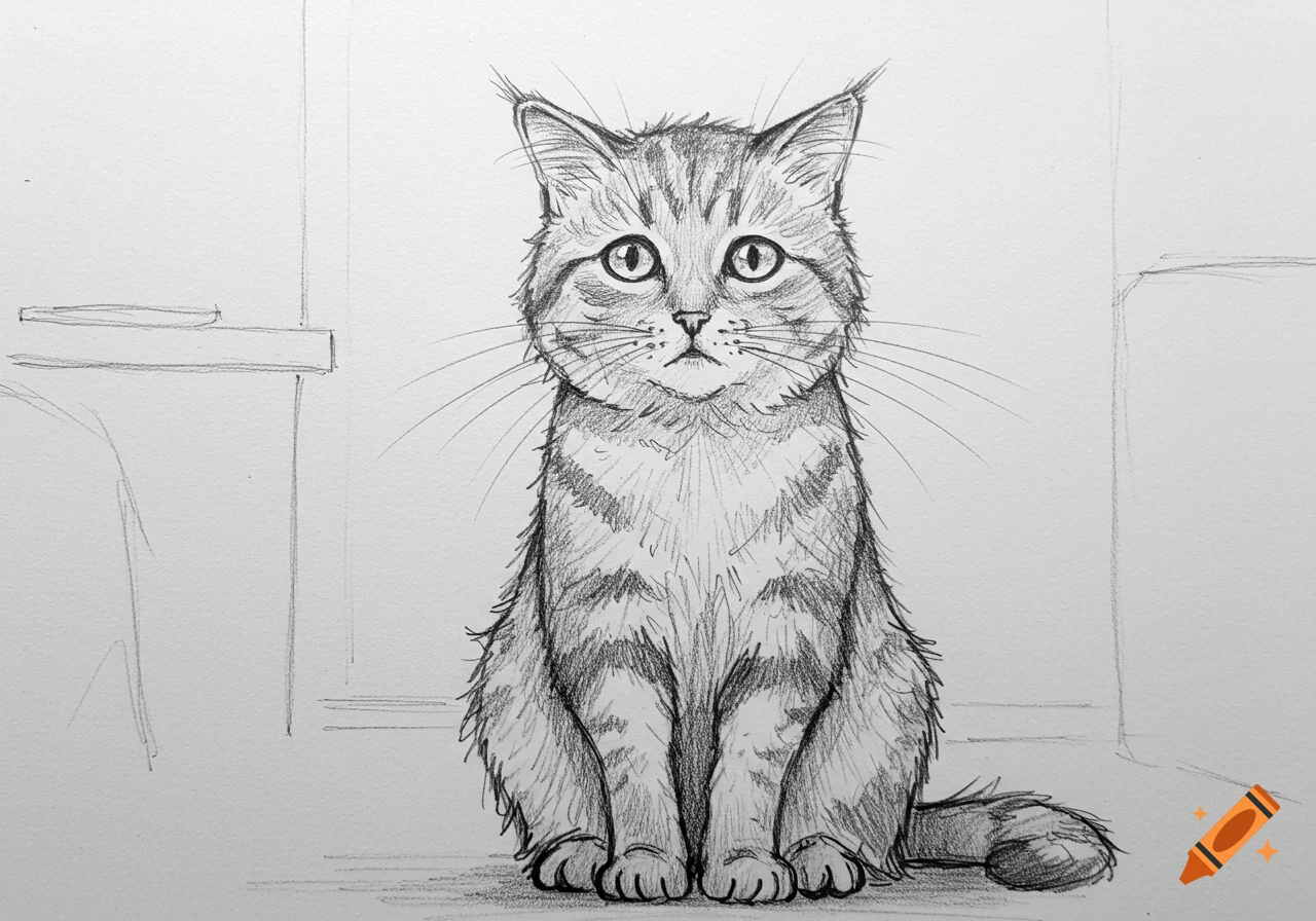 Detailed grayscale pencil drawing of a tabby cat's head, looking ...