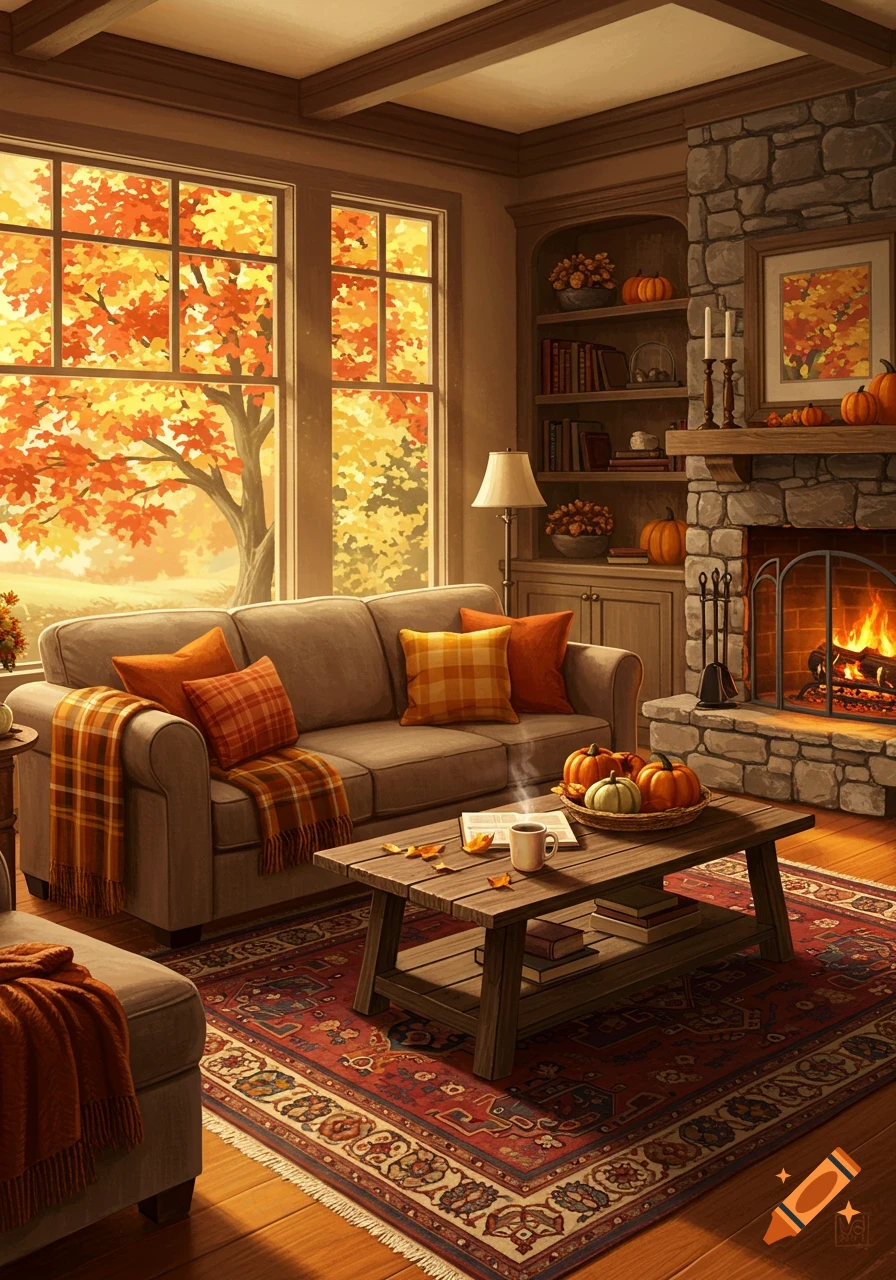 A cozy cell-shaded cabin living room with a stone fireplace, wood ...