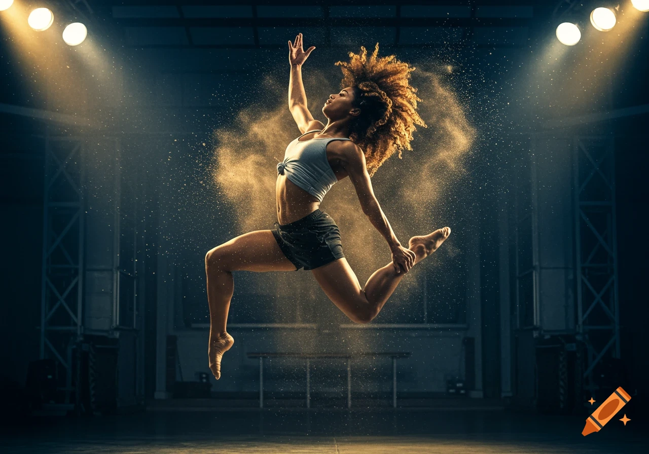 An artistic illustration shows a female gymnast in a blue leotard ...