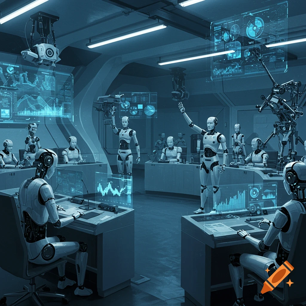 Multiple white robots in a futuristic control room with holographic ...