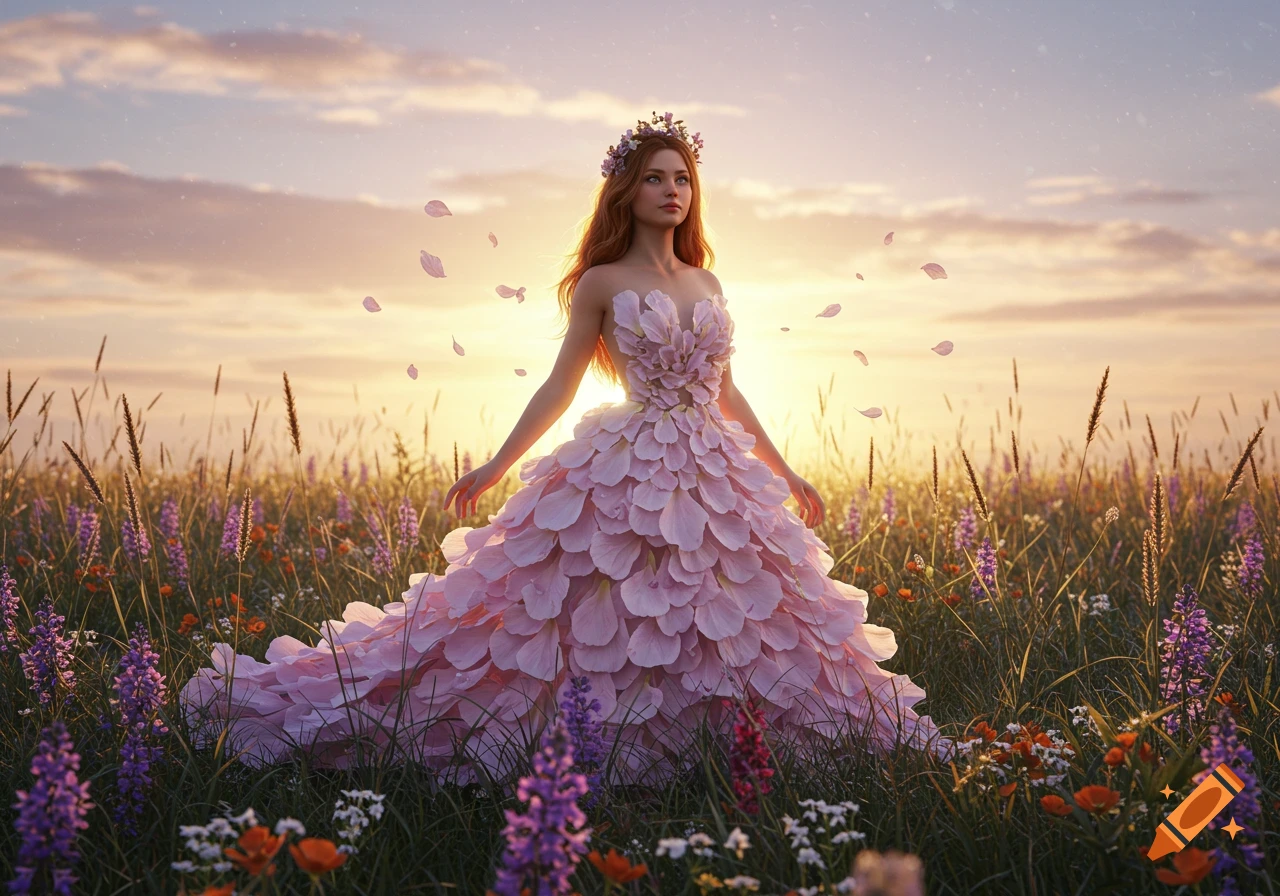A woman in a pink flower petal dress and flower crown stands in a field ...