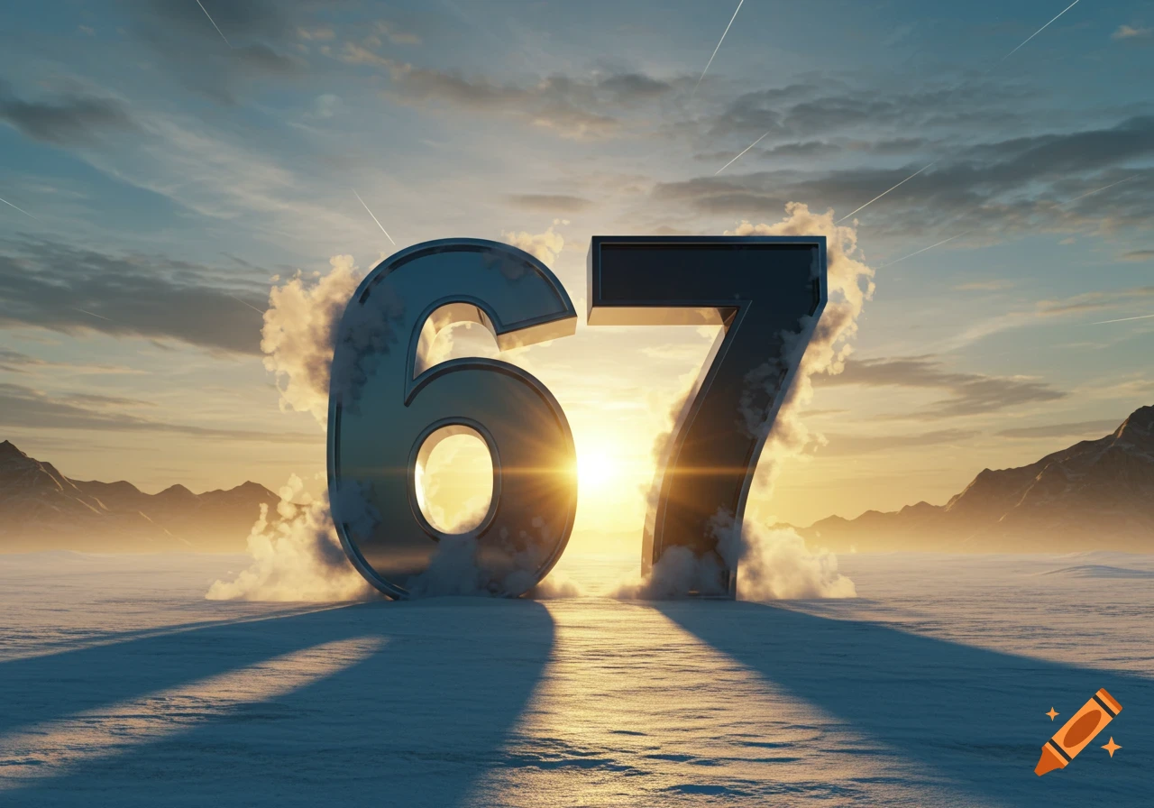 Large metallic numbers 6 and 7 stand in a snowy landscape under a ...