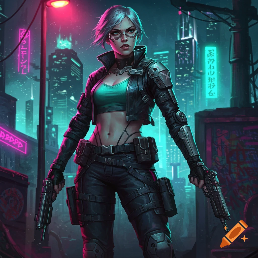 A female cyberpunk character with white hair and tactical gear holds ...