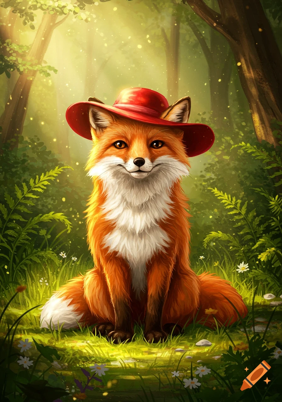 A cute, stylized red fox wearing a red hat, smiling while sitting in a ...
