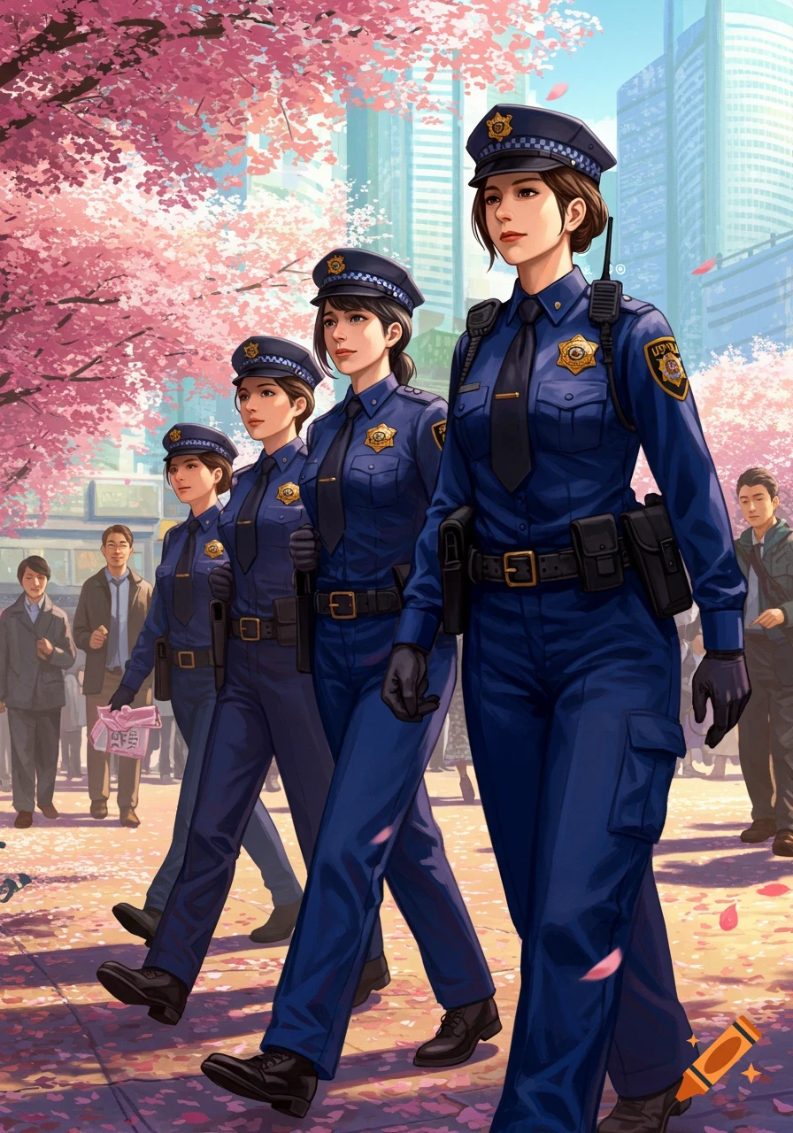 Four anime-style female police officers patrol a cherry blossom-lined ...