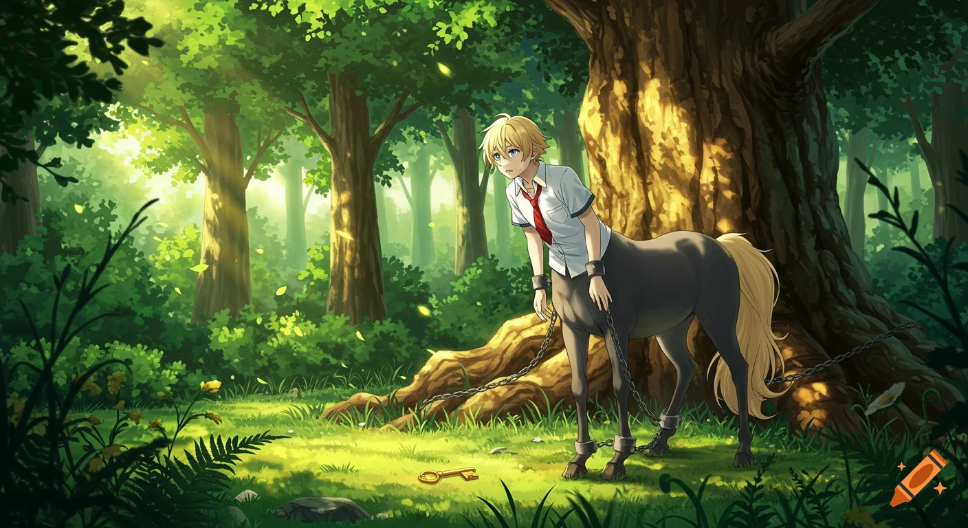 An anxious anime centaur boy in a school uniform is shackled to a tree ...