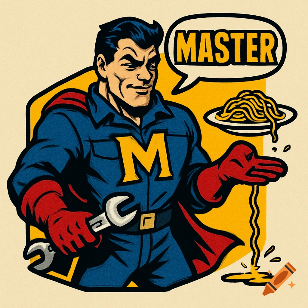 A comic book style illustration of a man with dark wavy hair, an orange ...