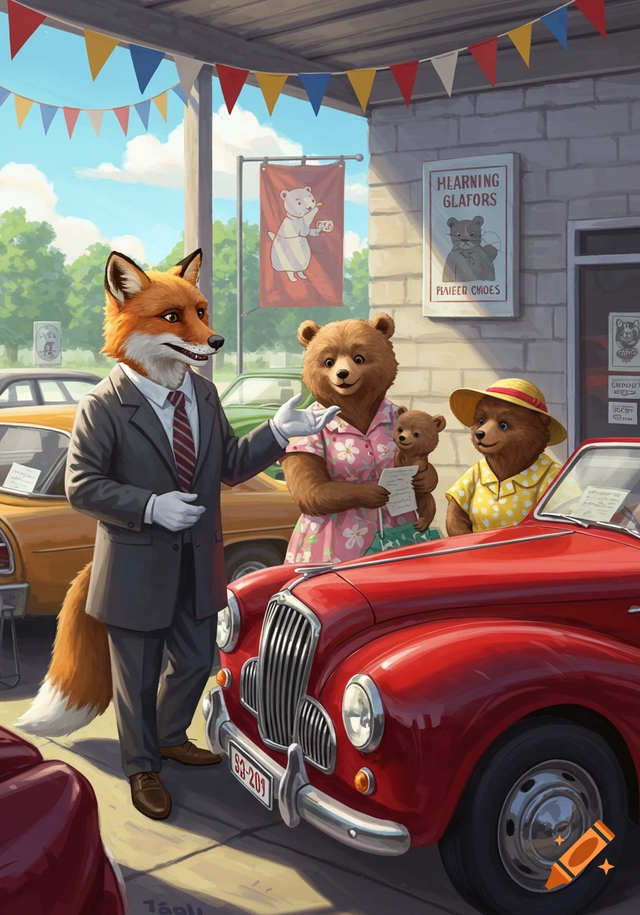 A fox car salesman shows a red classic car to a family of bears ...