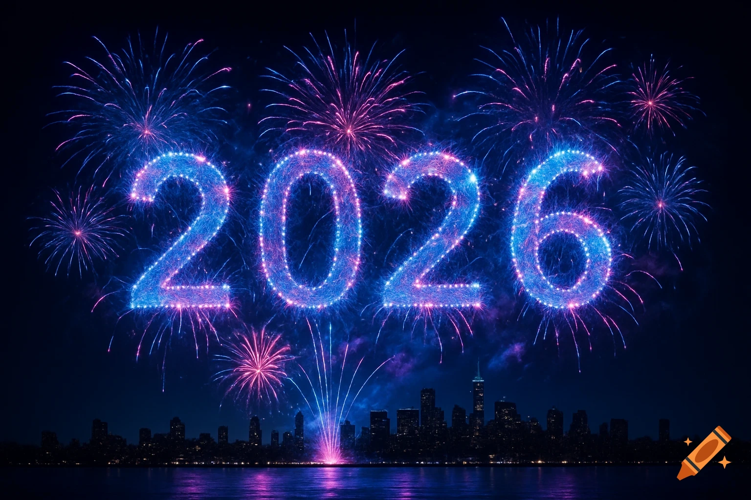 A photorealistic city skyline at night with fireworks exploding over ...