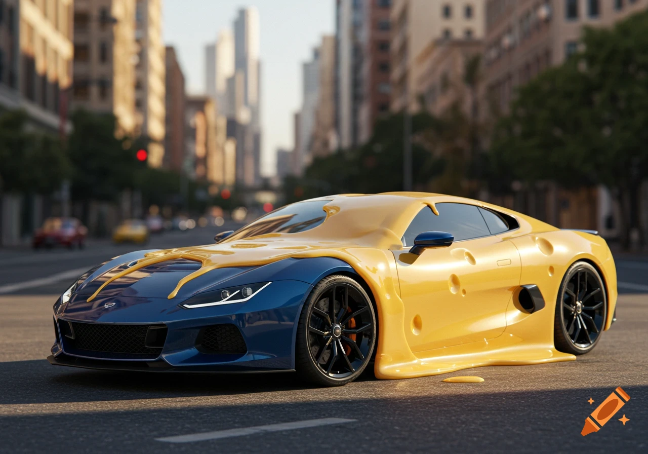A blue sports car partially covered in yellow melted Swiss cheese ...