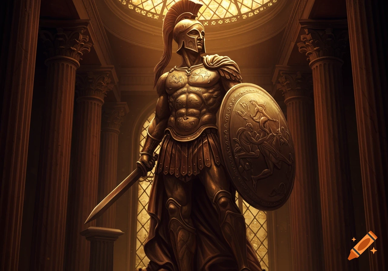 Epic bronze statue of the Greek god Ares in a grand temple with pillars ...