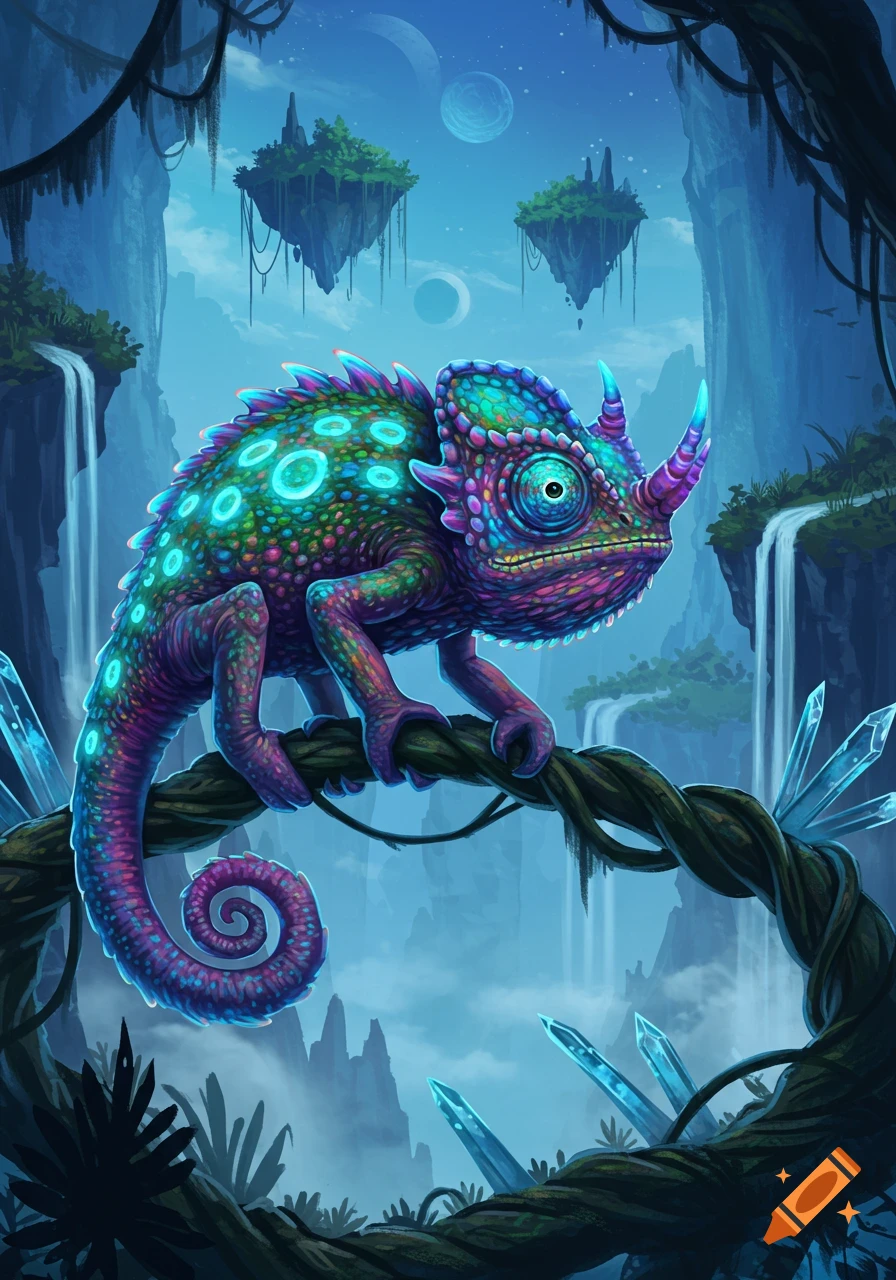 Pop art grid of colorful chameleons on branches against vibrant red ...