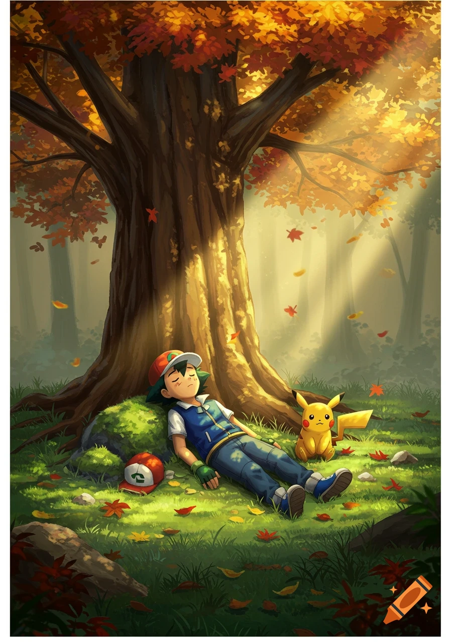 Ash Ketchum and Pikachu sleeping peacefully under a large autumnal tree ...