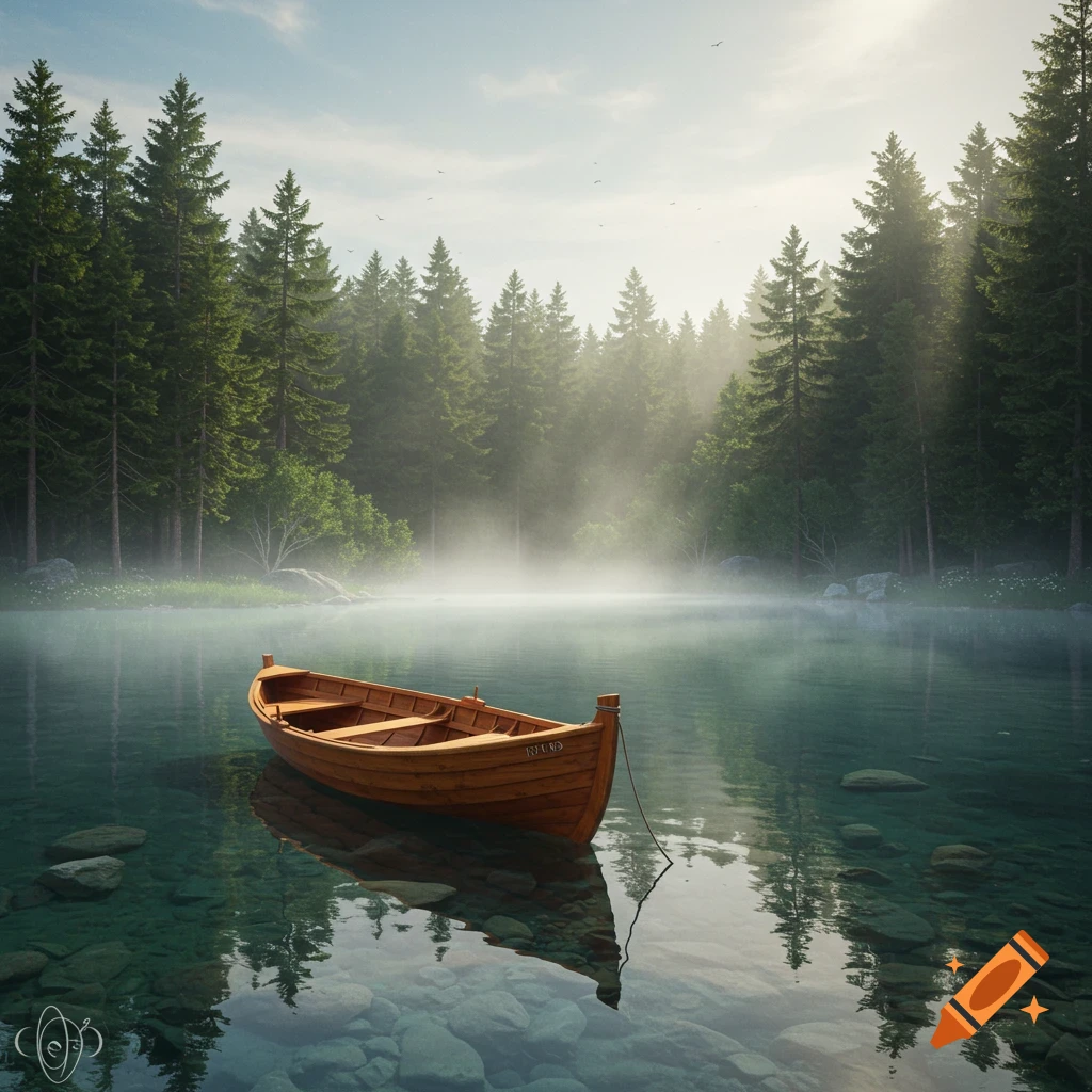 A rustic wooden boat floats peacefully on a misty lake at sunrise ...