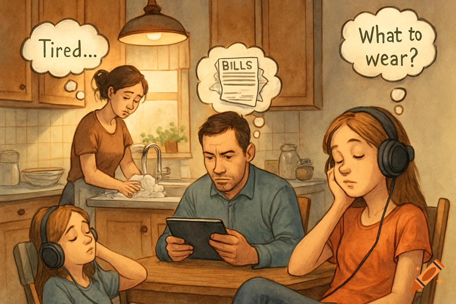 An illustration of a family in a kitchen, each lost in thought. Mother ...