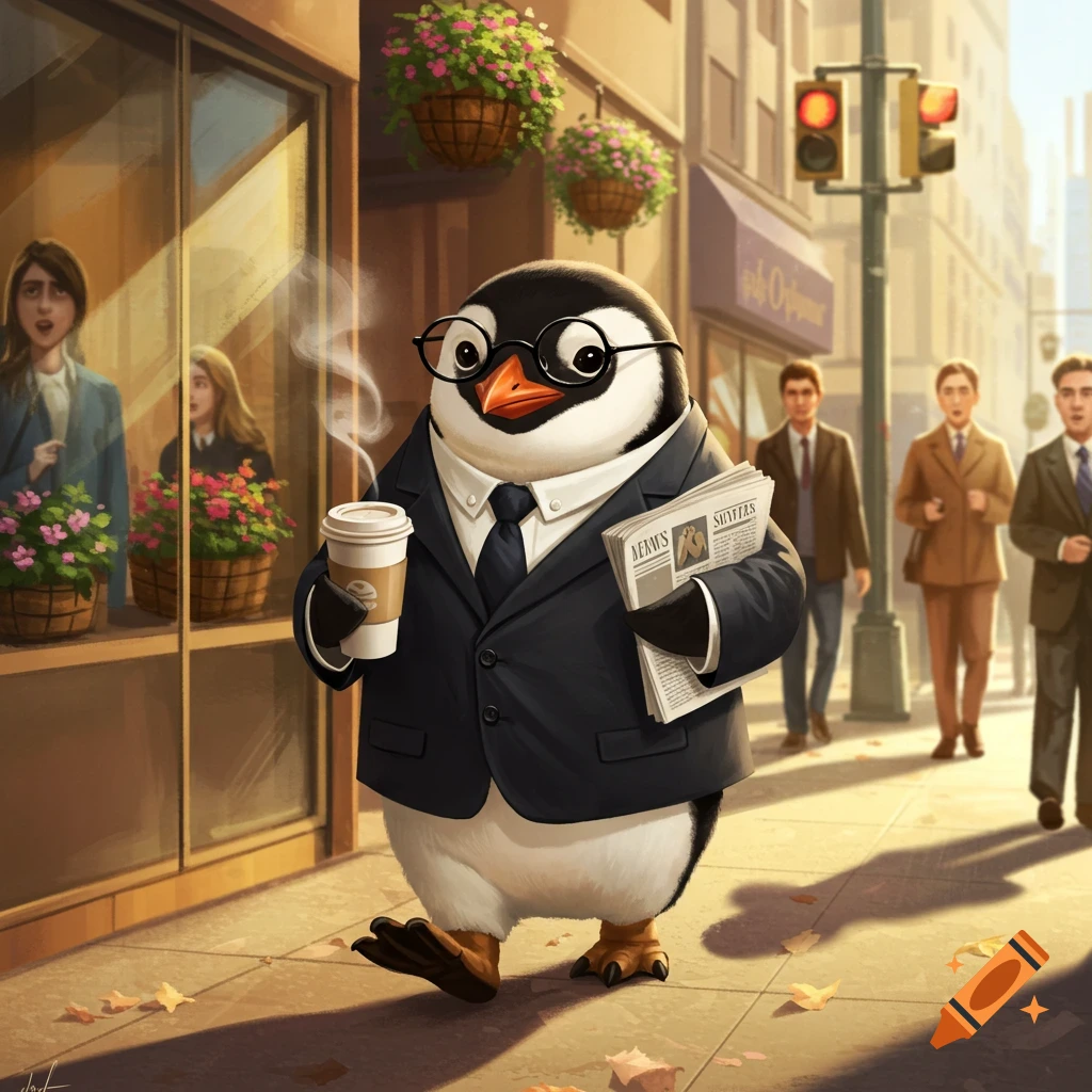 A smiling golden penguin holds a bowl of berries in front of a neon ...