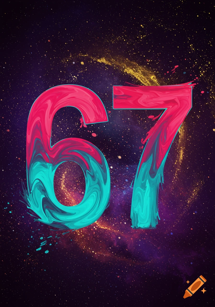 The number 67 in a bold, retro 70s font, set against an abstract ...