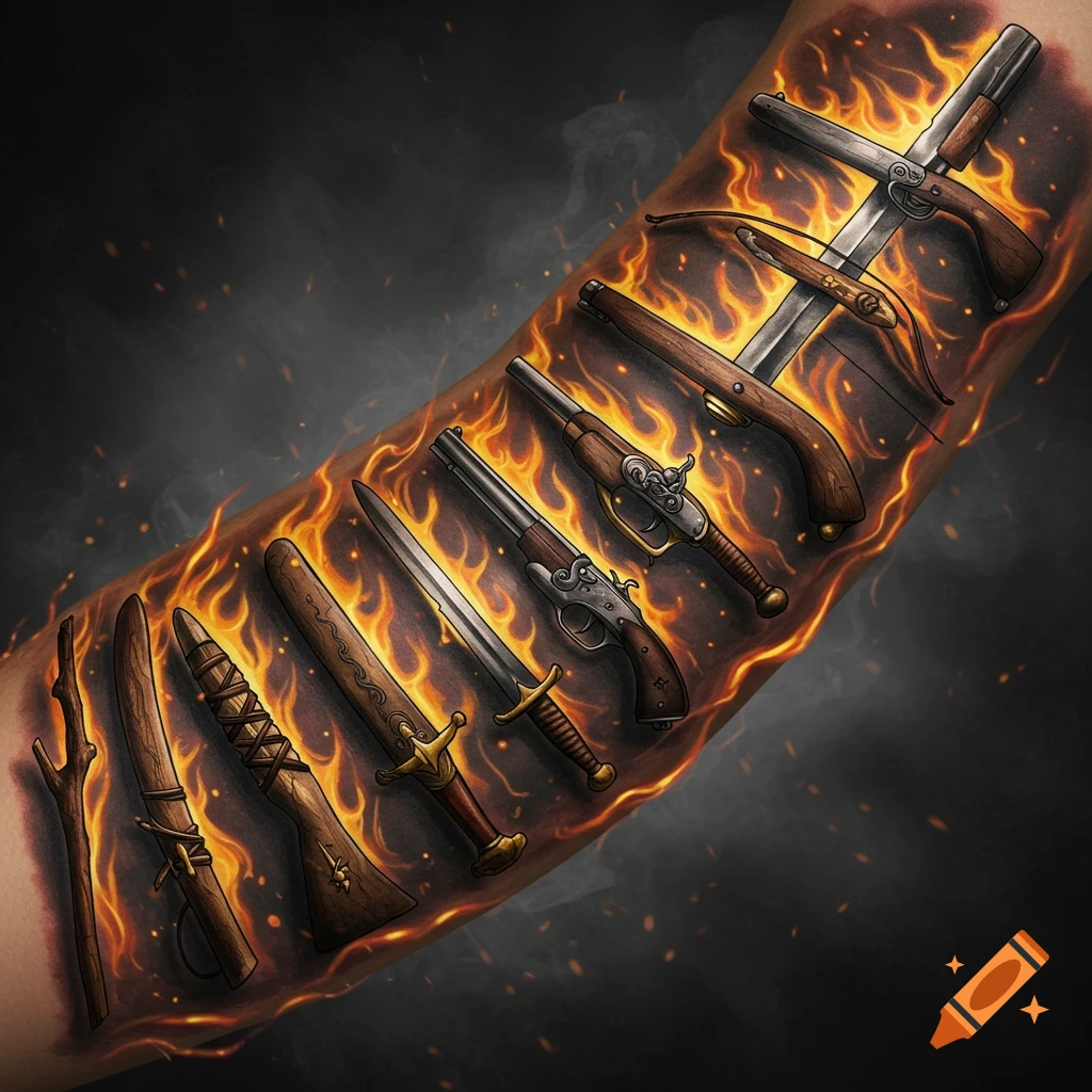 Illustrative tattoo on an arm depicting weapons evolution from sticks ...