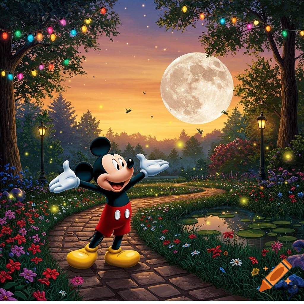 Mickey Mouse stands on a stone path in a magical garden at sunset, with ...