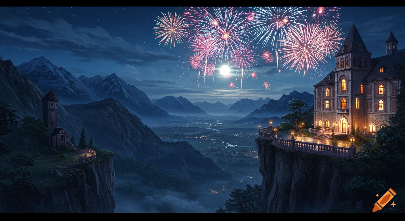 A grand villa on a cliff overlooking a vast valley and alpine mountains ...