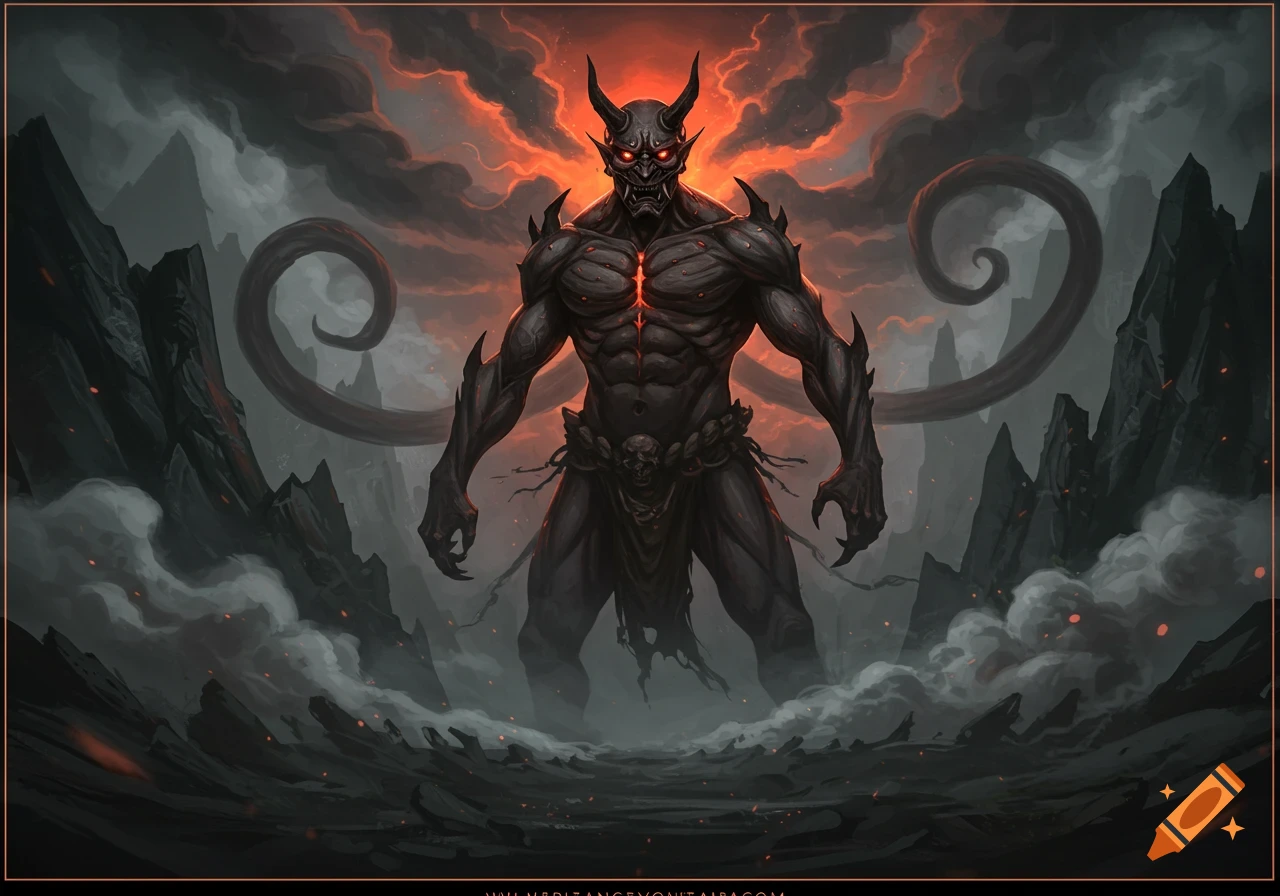 A dark fantasy illustration of a horned oni demon with glowing red eyes ...