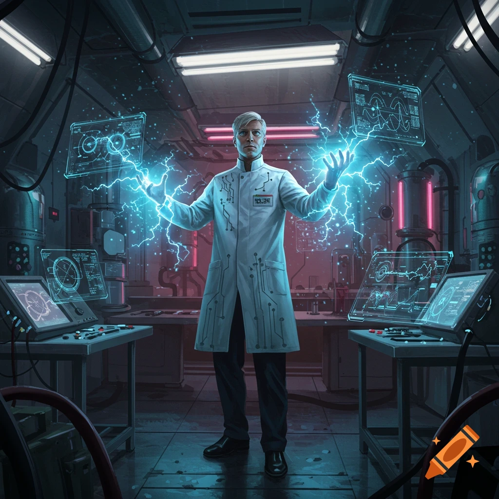 An officer in a control room points at a large glowing screen ...